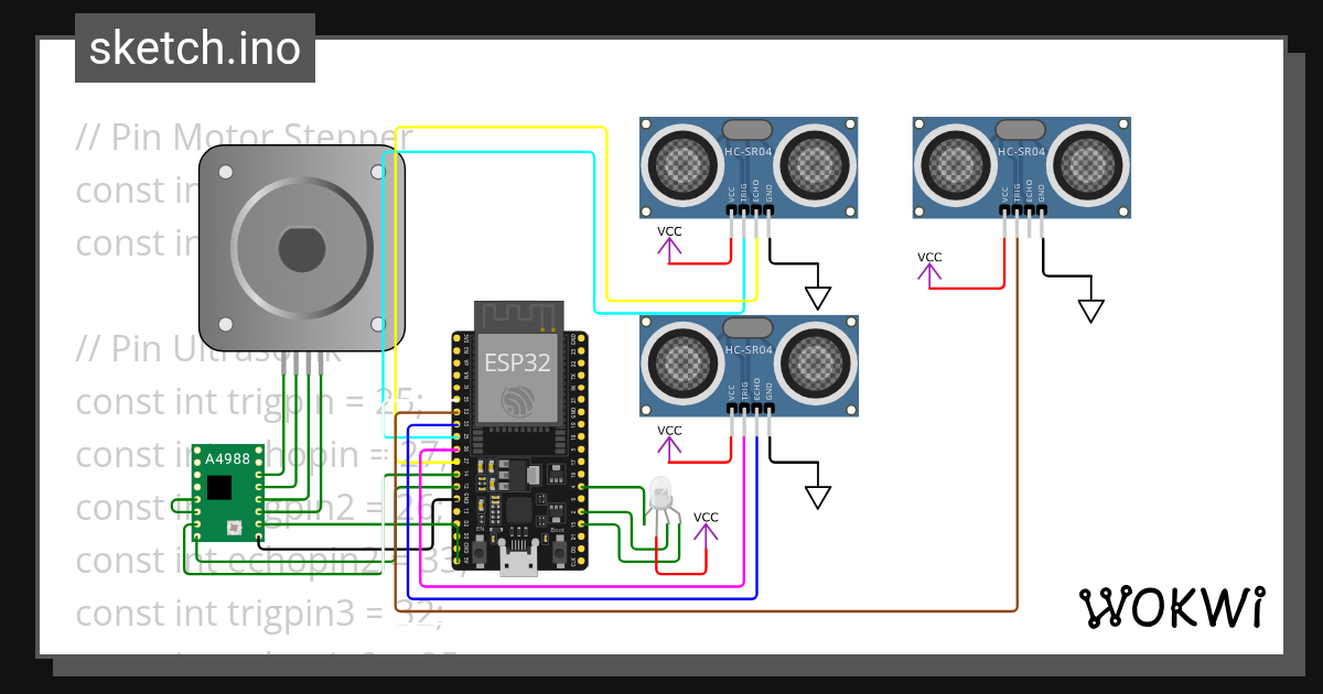 3 sensor ultrasonic dengan aktuator - Wokwi ESP32, STM32, Arduino Simulator