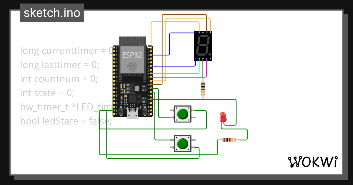 lab3.4 Copy กดเปลี่ยนเลข+ไฟกระพิบ Copy - Wokwi ESP32, STM32, Arduino Simulator