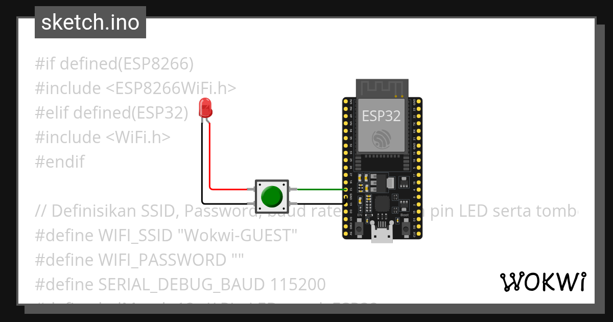 Mini project JOB 1 Menerima koneksi menggunakan button - Wokwi ESP32, STM32, Arduino Simulator