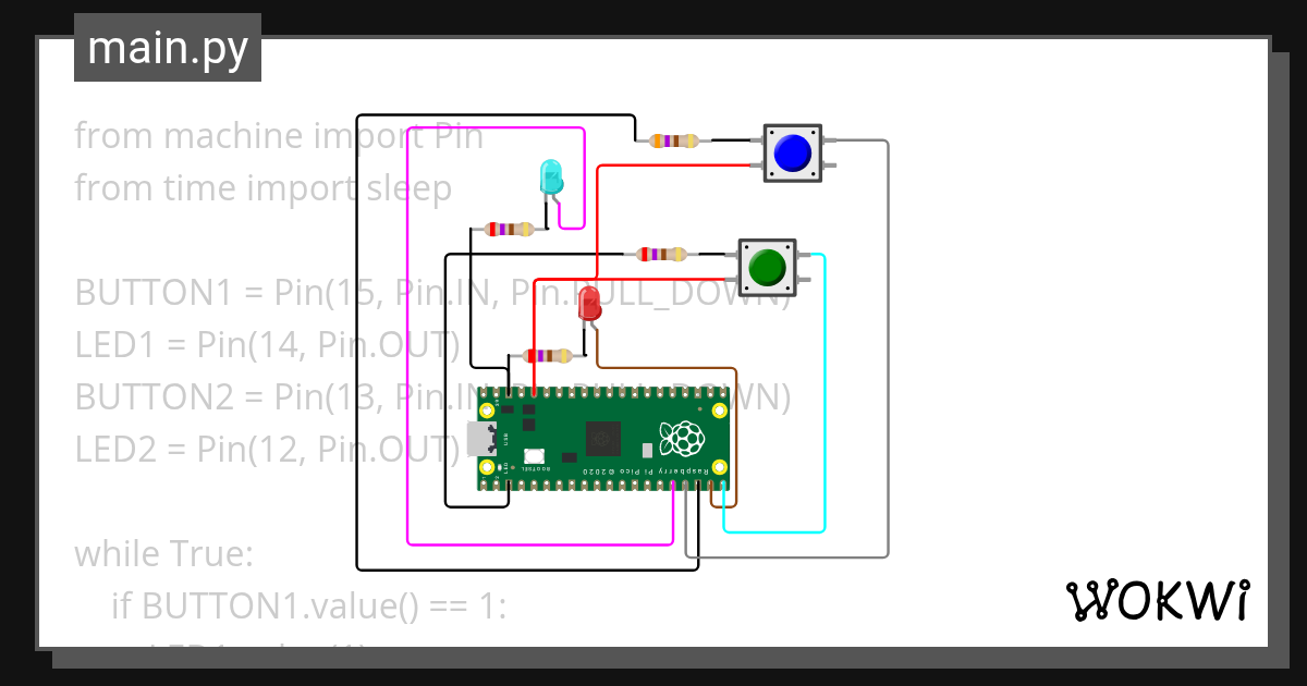 RASPBERRY PICO LED CONTROL USING BUTTON PART THREE 8 - Wokwi ESP32, STM32, Arduino Simulator
