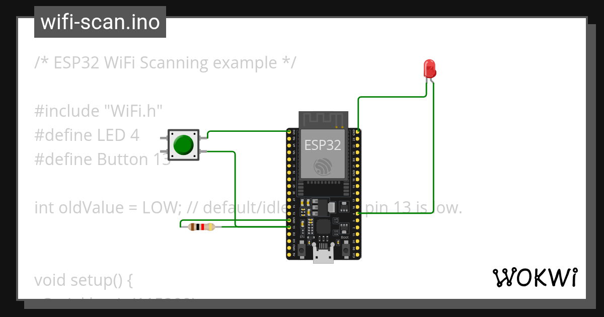Wifi-scan & LED Indicator with Button - Wokwi ESP32, STM32, Arduino Simulator