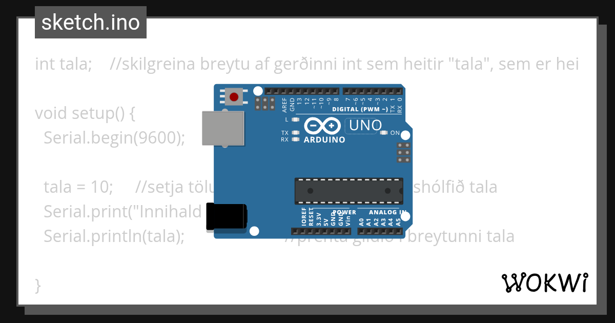 Kóðadæmi - int breytur Copy - Wokwi ESP32, STM32, Arduino Simulator