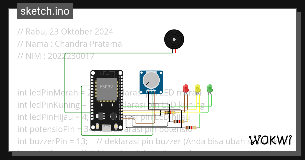 Challenge 3.7 kombinasi LED dan Buzzer dengan perintah If_Chandra Pratama_2022230017 - Wokwi ...
