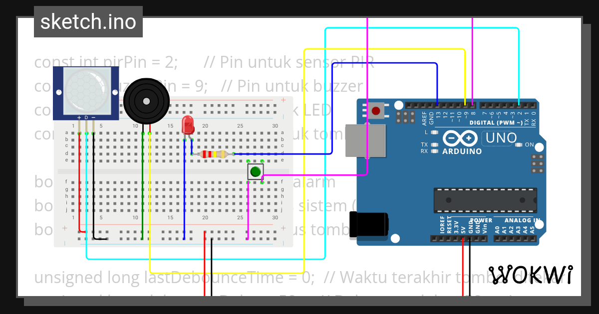 sensor pengamanan rumah button - Wokwi ESP32, STM32, Arduino Simulator