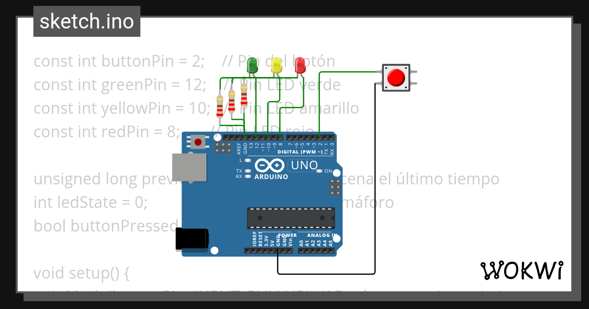 Semaforo con pulsador (mantener apretado) - Wokwi ESP32, STM32, Arduino Simulator