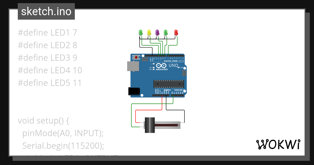 T1 : SLIDING POTENTIOMETER WITH 5 LED - Wokwi ESP32, STM32, Arduino Simulator