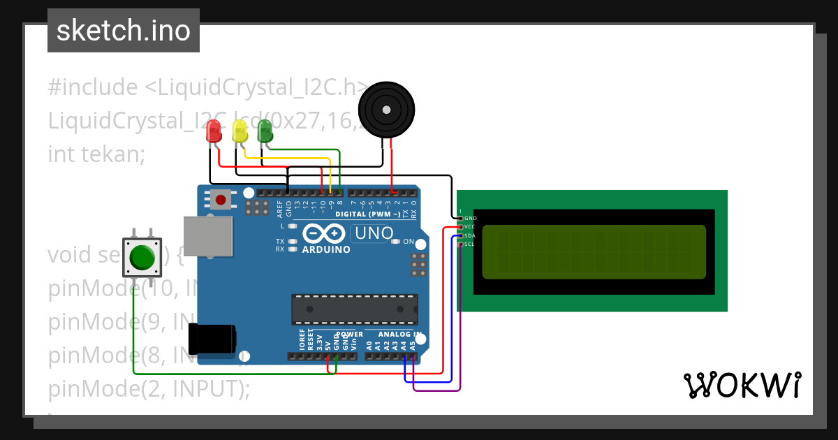 nayya LCD + LED + BUZZER + BUTTON - Wokwi ESP32, STM32, Arduino Simulator