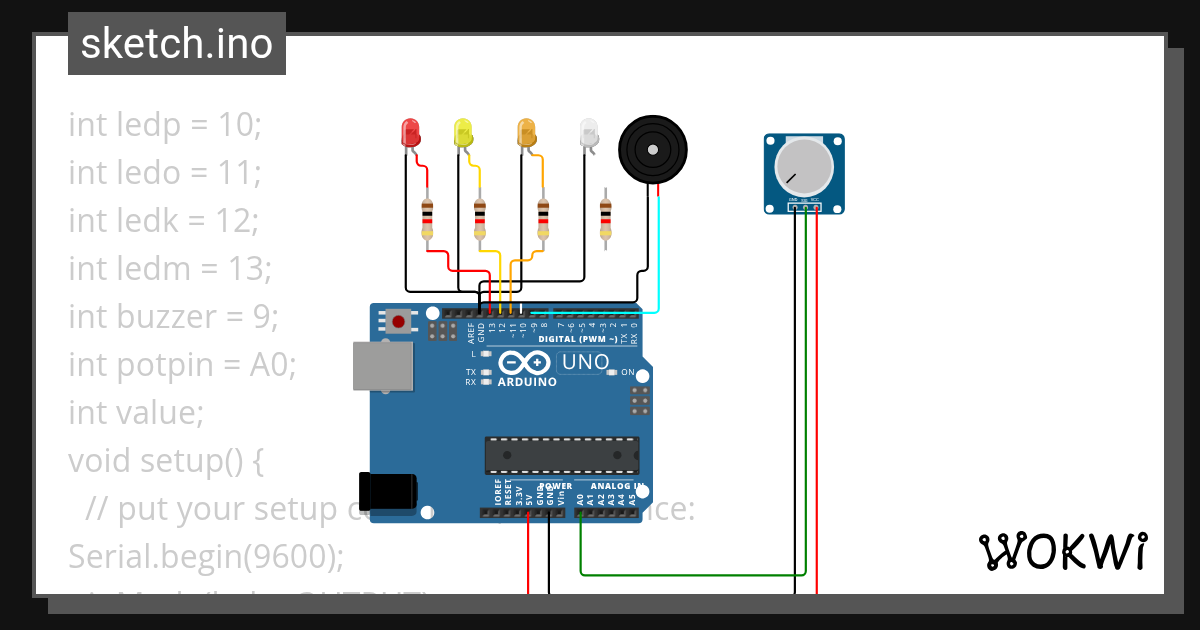 Menyalakan LED dan BUZZER dengan Nilai Anaog - Wokwi ESP32, STM32, Arduino Simulator