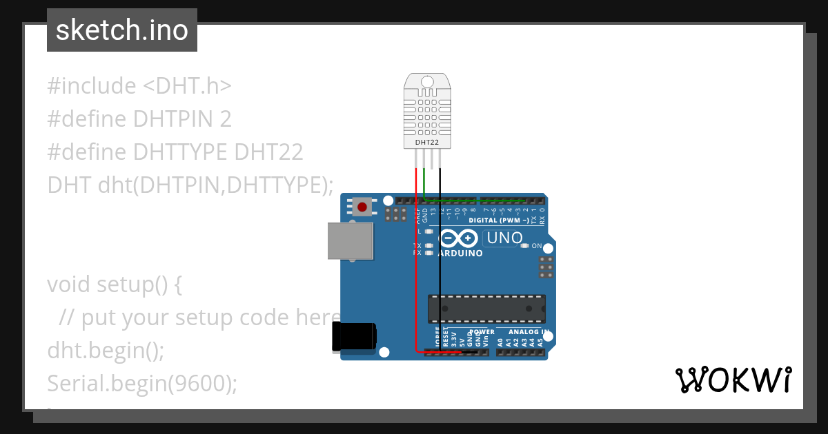 membaca data suhu dan kelembapan sensor dht - Wokwi ESP32, STM32, Arduino Simulator