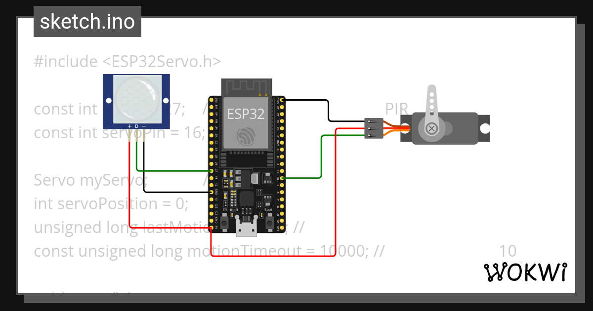 pir and servo in yt - Wokwi ESP32, STM32, Arduino Simulator