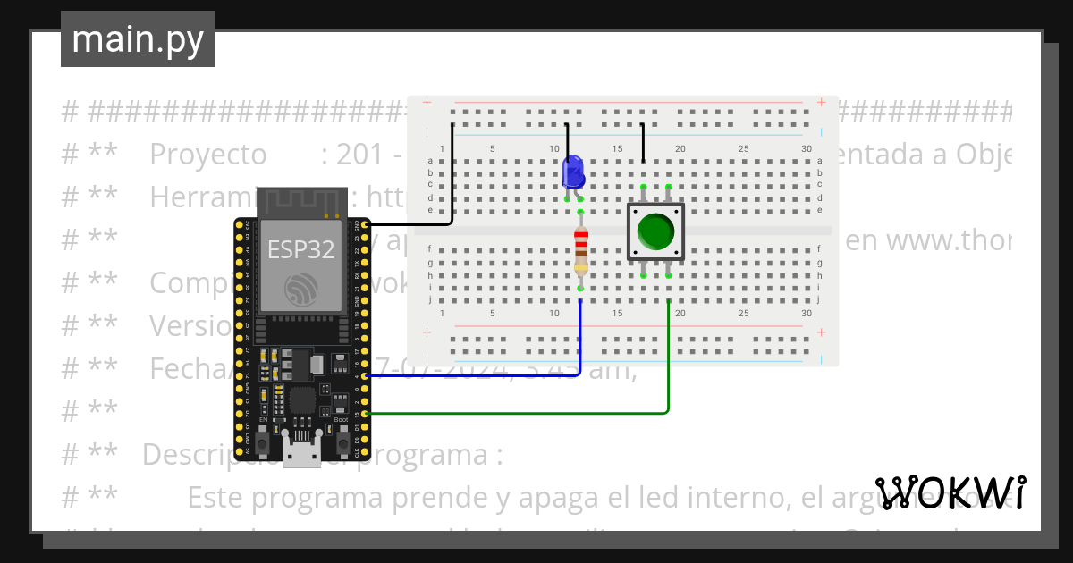 201_B Hola Led y boton POO - Wokwi ESP32, STM32, Arduino Simulator