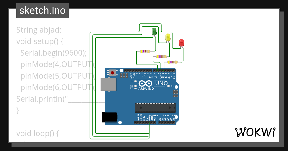 3 lampu menggunakan teks - Wokwi ESP32, STM32, Arduino Simulator