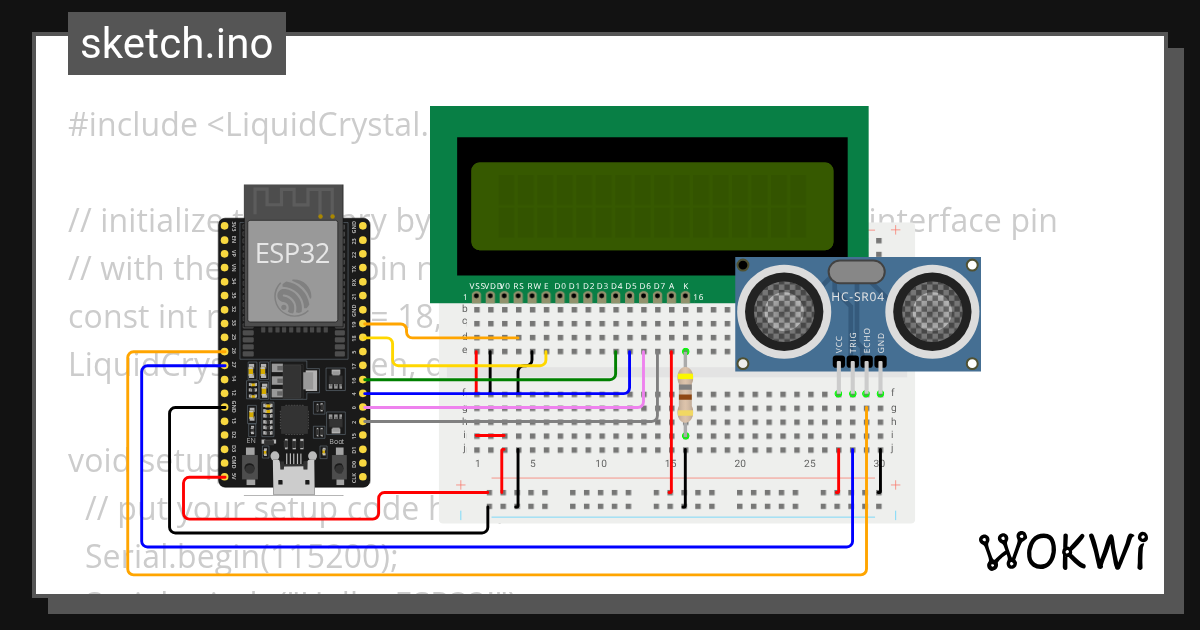 Display lcd e sensor ultrassonico com esp32 - Wokwi ESP32, STM32, Arduino Simulator