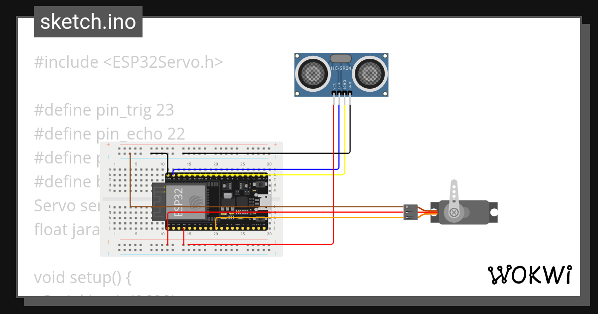 modul ultra dan servo yang benar - Wokwi ESP32, STM32, Arduino Simulator
