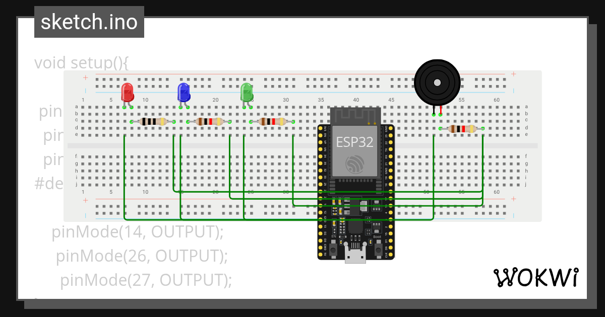 3 lights and buzzer - Wokwi ESP32, STM32, Arduino Simulator