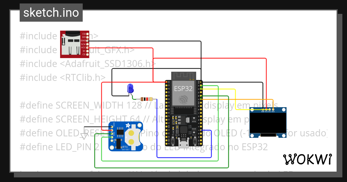 SSD1306 + Led Blink + RTC Test - Wokwi ESP32, STM32, Arduino Simulator