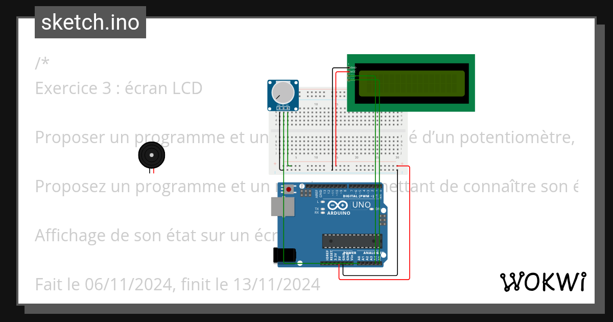 Exercice 3 : potentiomètre avec écran LCD - Wokwi ESP32, STM32, Arduino Simulator