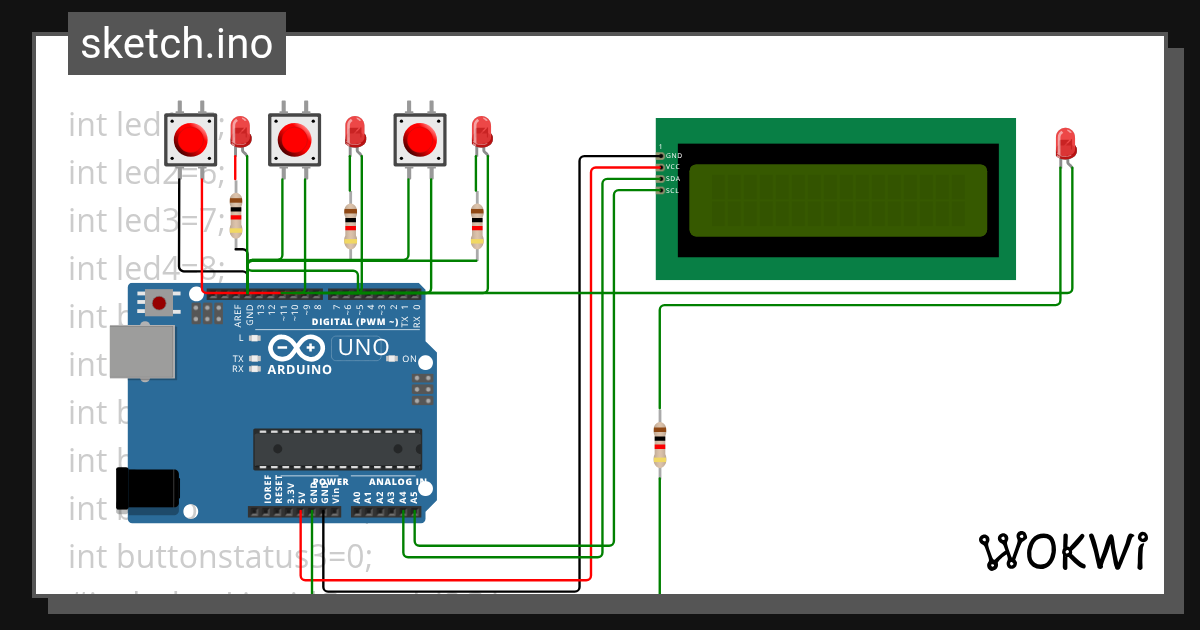 project 2 kombinasi button+led+lcd - Wokwi ESP32, STM32, Arduino Simulator