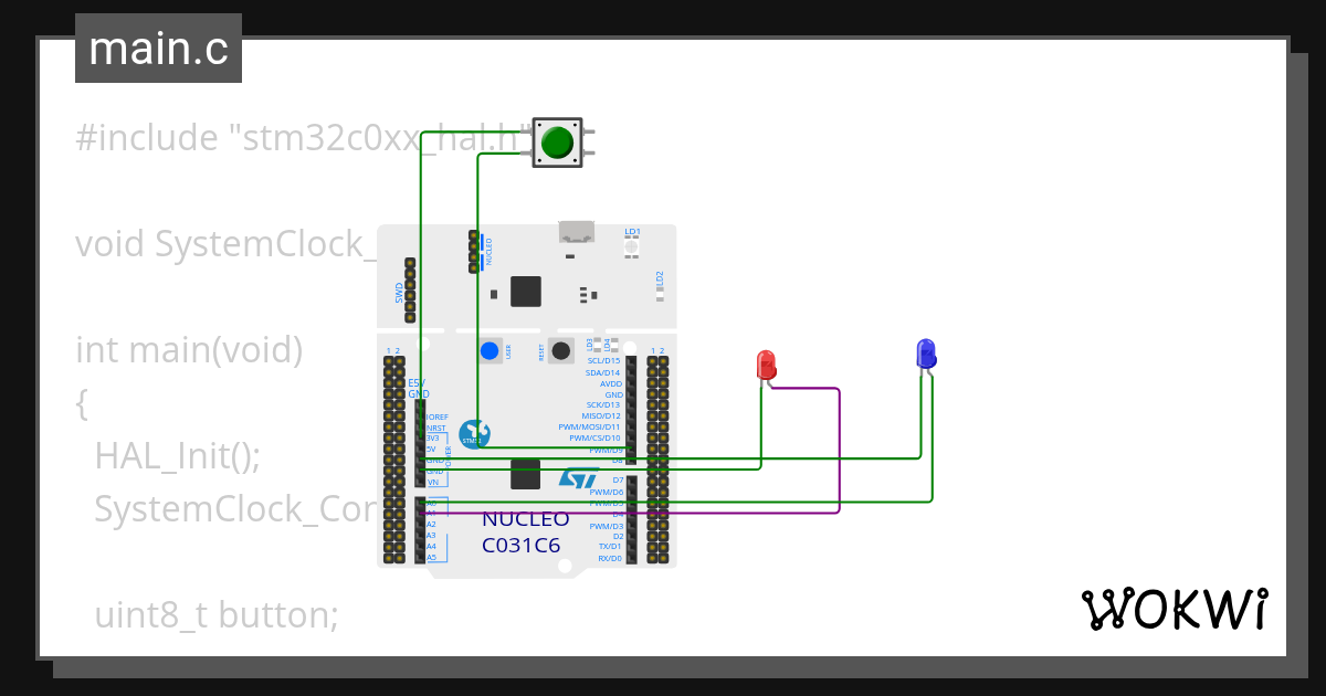 ST Nucleo - HAL une BOTTON 2 LED Copy - Wokwi ESP32, STM32, Arduino Simulator