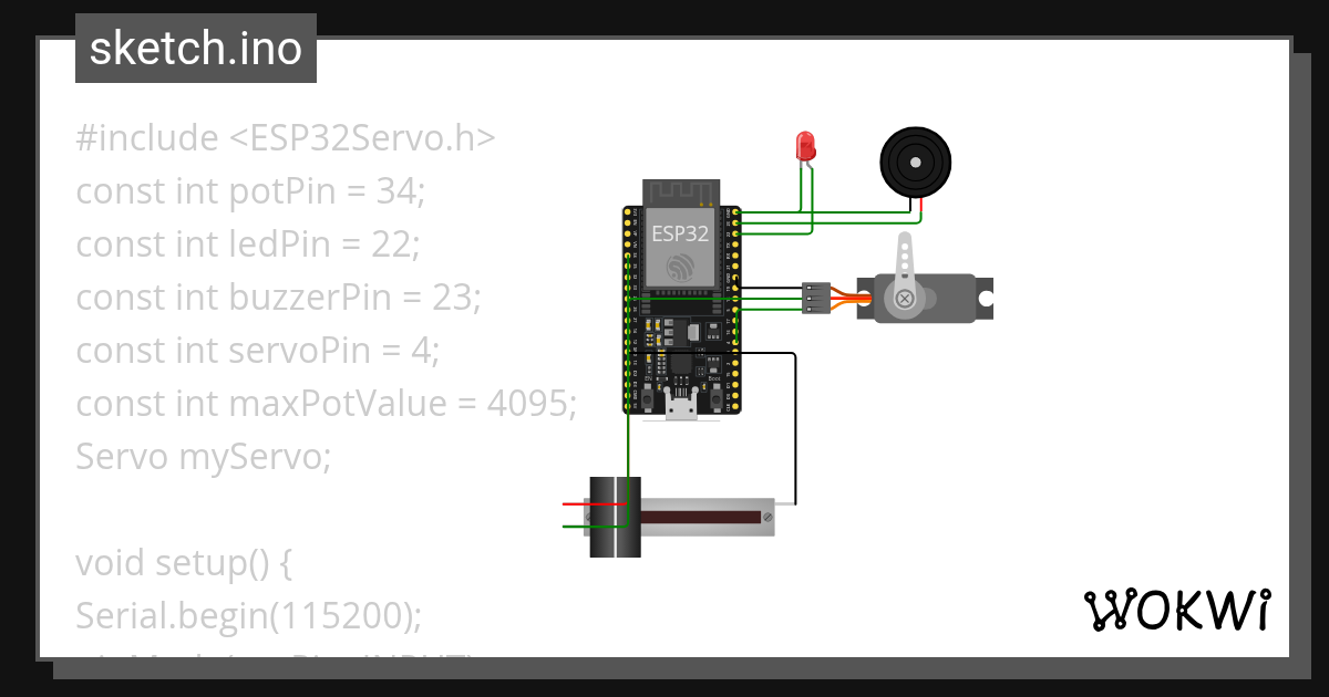 SISTEM KENDALI AKTUATOR MOTOR SERVO DENGAN LED, BUZZER, DAN SLIDE POTENSIOMETER - Wokwi ESP32 ...