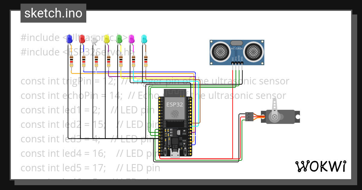 ULTRASONIC, SERVO & LED - Wokwi ESP32, STM32, Arduino Simulator