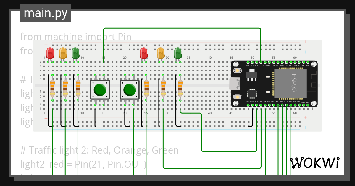 traffic lights with speed button - Wokwi ESP32, STM32, Arduino Simulator