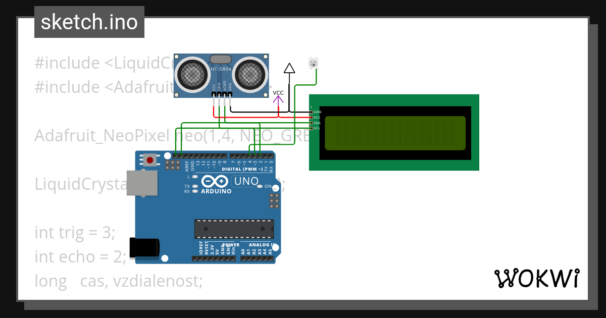 ultrasonic sensor + lcd + neopixel - Wokwi ESP32, STM32, Arduino Simulator