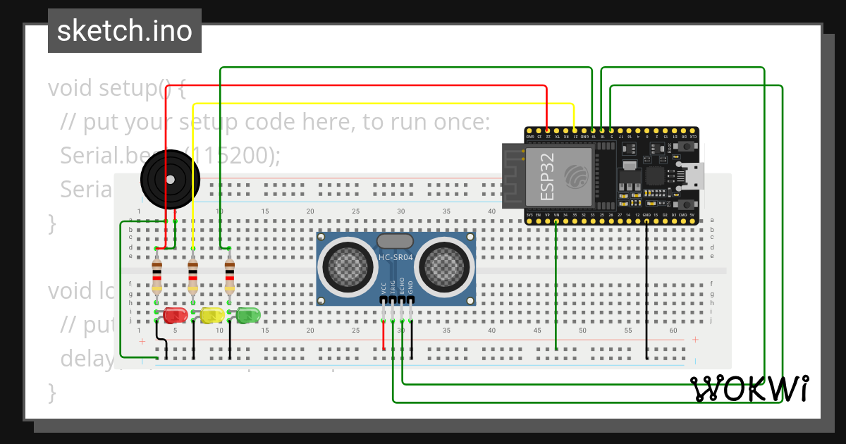 Ultrasonic distance sensor with buzzer - Wokwi ESP32, STM32, Arduino Simulator