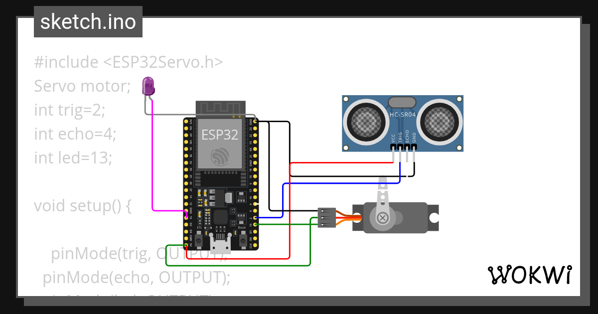 ESP32--servo con sensor y led - Wokwi ESP32, STM32, Arduino Simulator