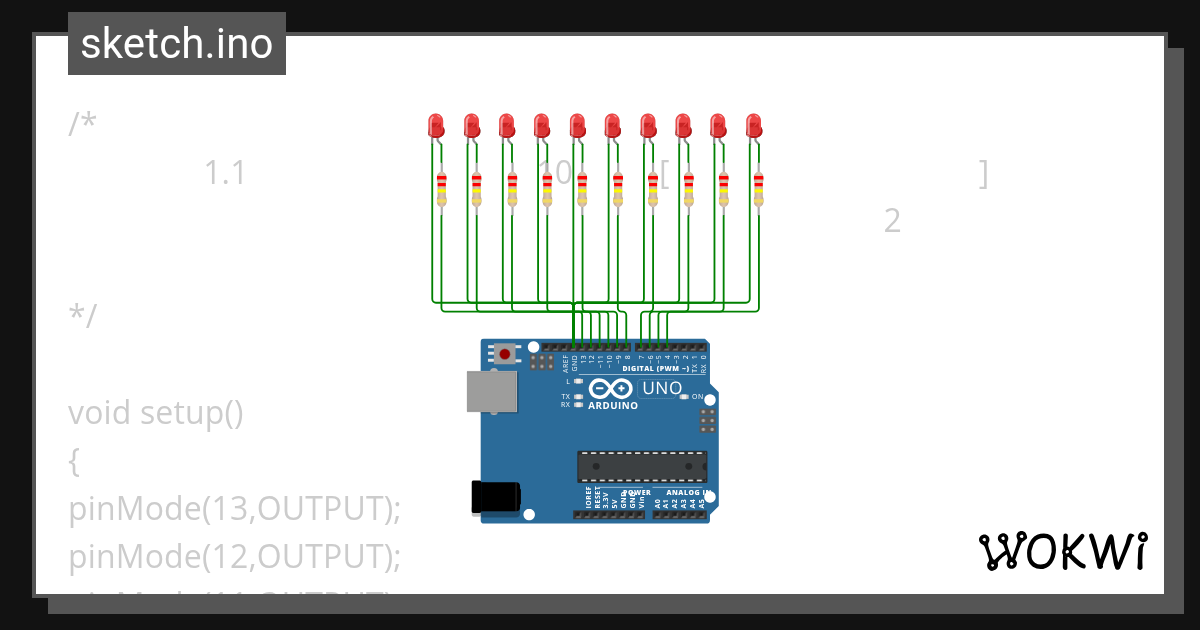 ใบงนที่11 โปรเเกรมไฟวิ่ง 10 หลอด วิ่งจากซ้ายไปขววา Wokwi Esp32 