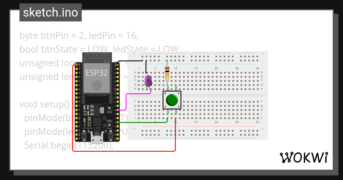Button millis - Wokwi ESP32, STM32, Arduino Simulator