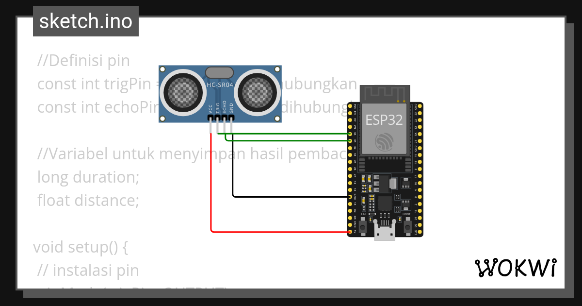 pelajaran sensor jarak by BM - Wokwi ESP32, STM32, Arduino Simulator