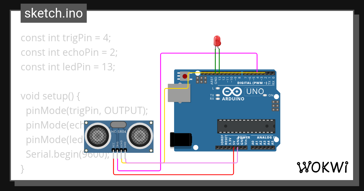 rangkaian ultrasonic sederhana - Wokwi ESP32, STM32, Arduino Simulator