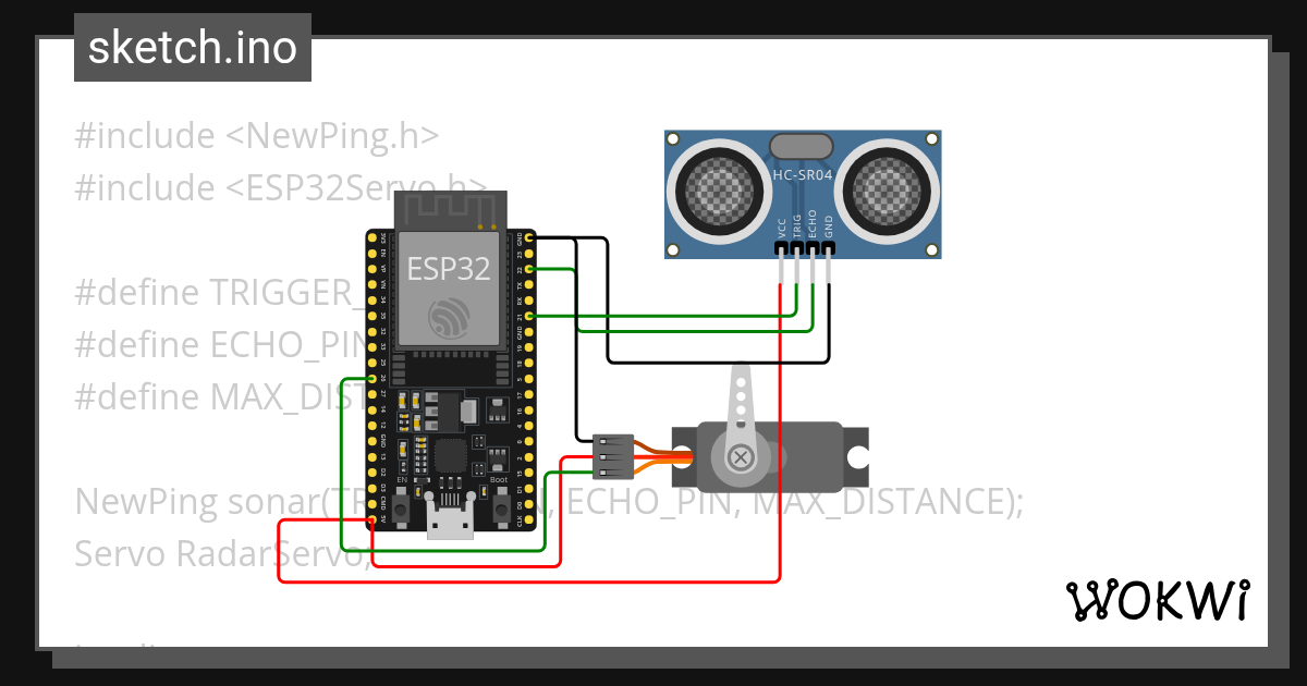 esp32 ultrasonic radar system Copy - Wokwi ESP32, STM32, Arduino Simulator