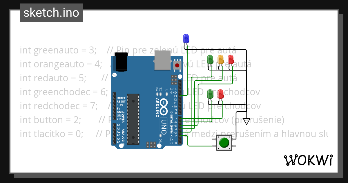 semafor pre auta a chodcov - Wokwi ESP32, STM32, Arduino Simulator