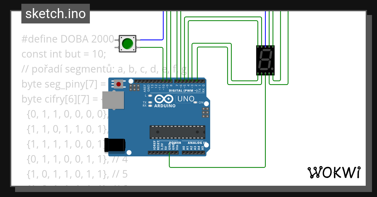 7Segment tlacitko - Wokwi ESP32, STM32, Arduino Simulator