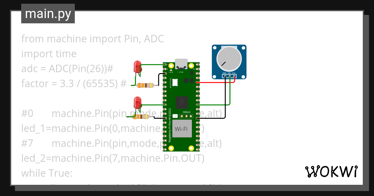 樹莓派 讀取可變電阻控制led亮燈速度快慢micropython Wokwi Esp32 Stm32 Arduino Simulator