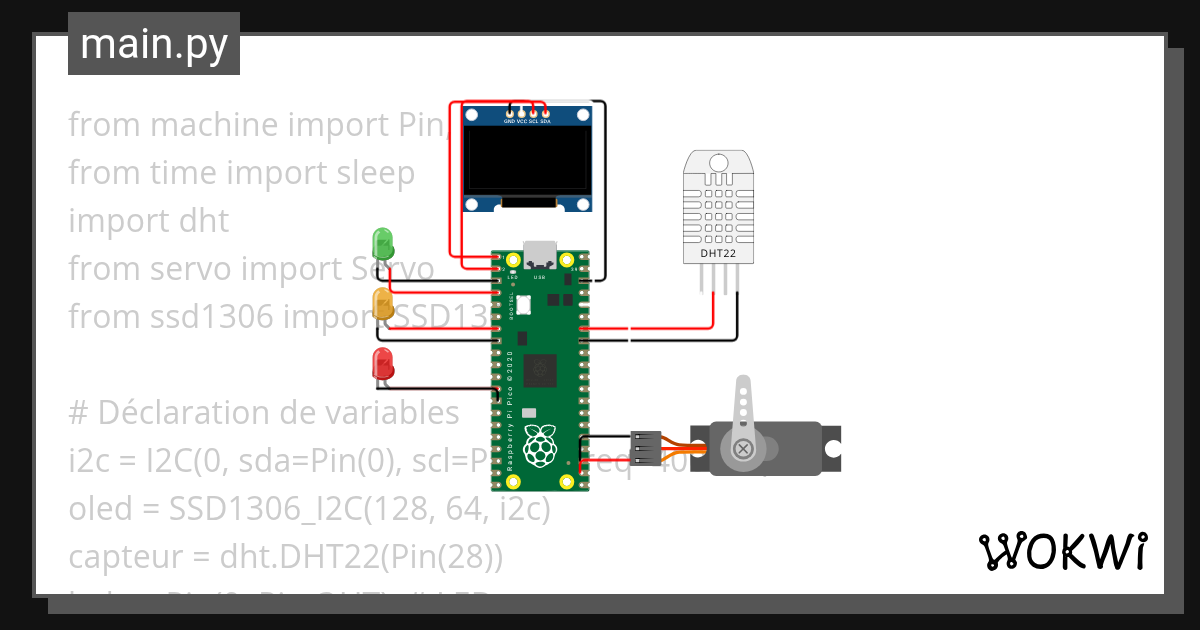 dht22 + 3led +servo motor - Wokwi ESP32, STM32, Arduino Simulator