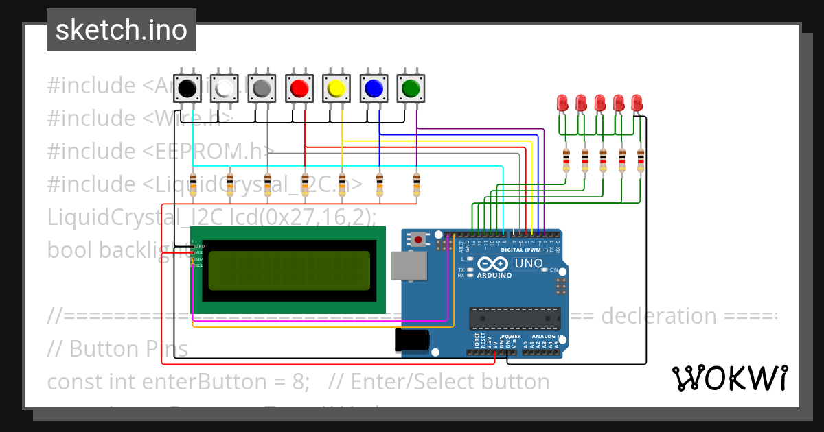 LCD I2C 7 Push Button Copy - Wokwi ESP32, STM32, Arduino Simulator