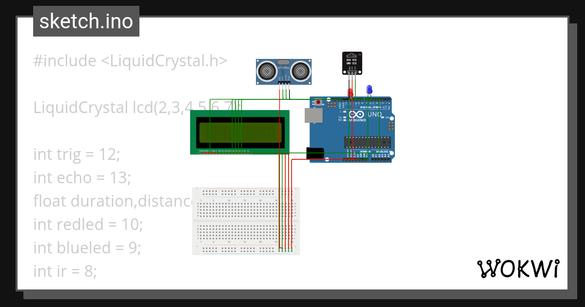 ultrasonic + lcd + led Copy - Wokwi ESP32, STM32, Arduino Simulator