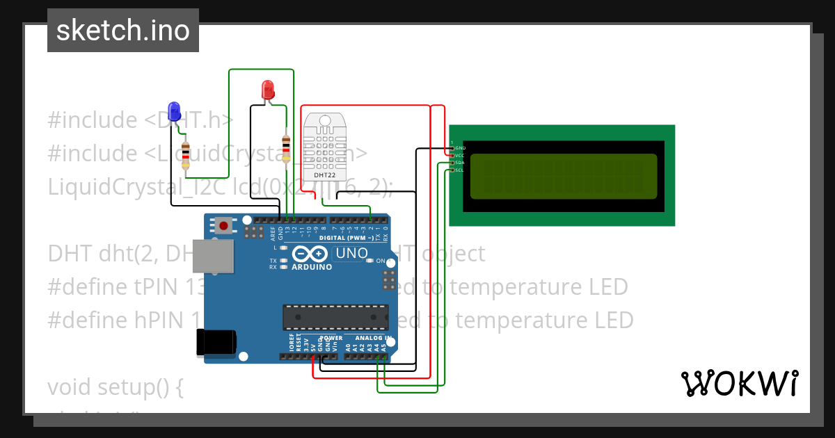 DHT, LED, LCD - Wokwi ESP32, STM32, Arduino Simulator