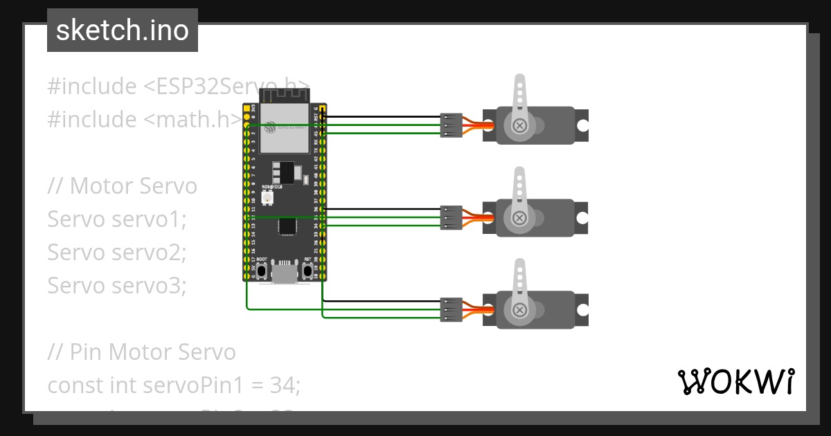 Uji 3 Motor Servo - Wokwi ESP32, STM32, Arduino Simulator