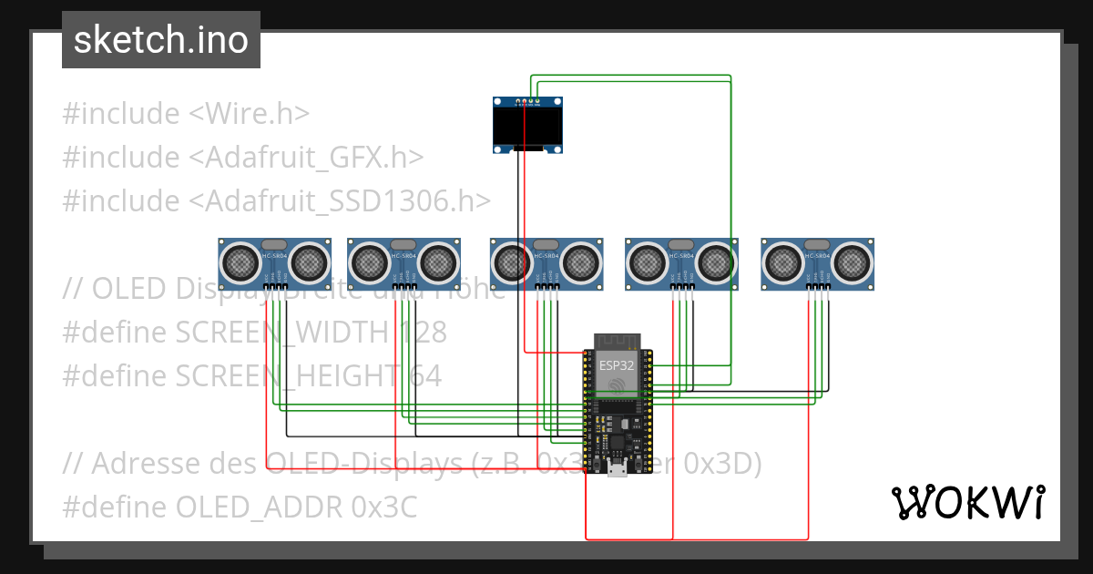 5_Ultraschallsensoren_parallel_mit_OLED - Wokwi ESP32, STM32, Arduino Simulator