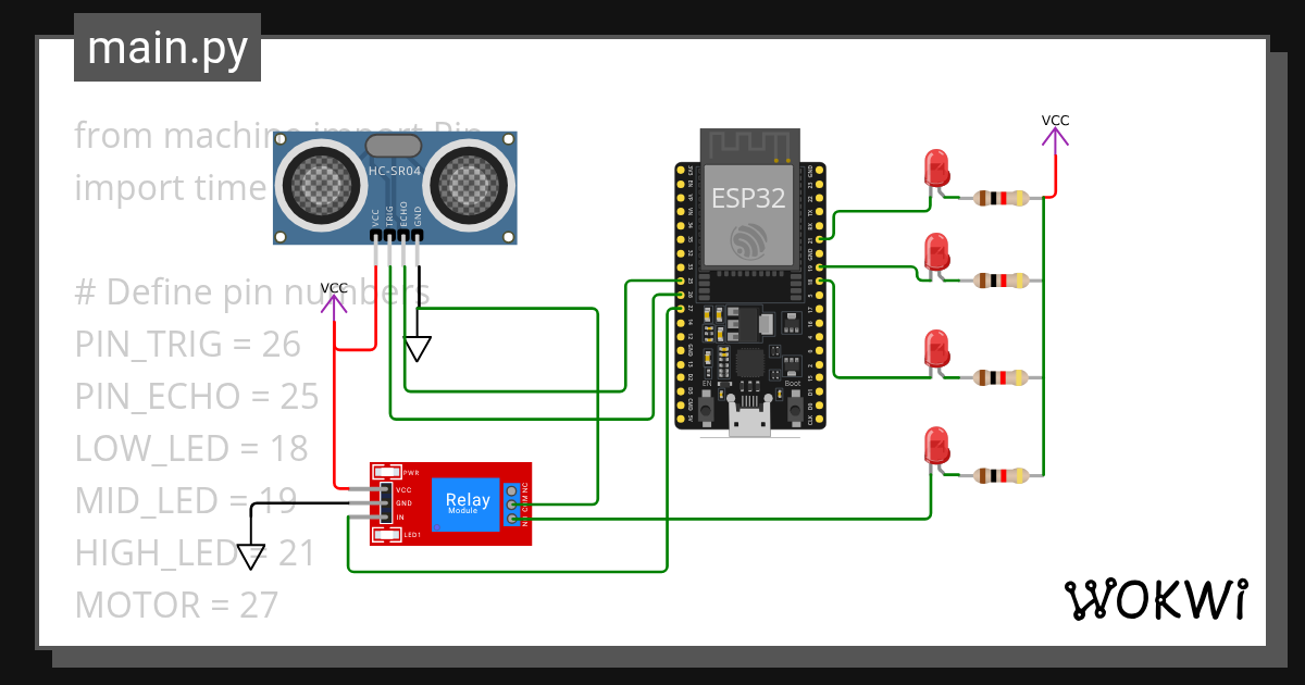 Water level controller using ultrasonic distance sensor in Micro Python - Wokwi ESP32, STM32 ...