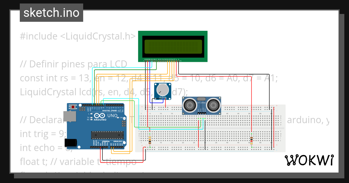 Sensor ultrasónico HC-SR04 y LCD - Wokwi ESP32, STM32, Arduino Simulator