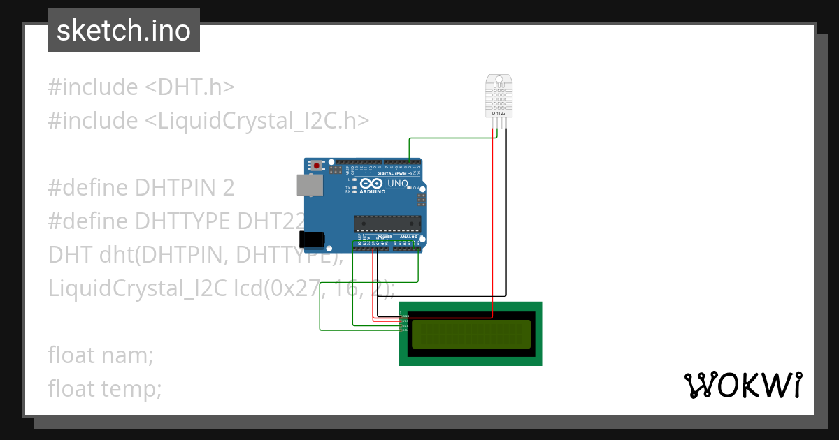 LCD 16*2 I2C + DHT22 Sensor Copy - Wokwi ESP32, STM32, Arduino Simulator