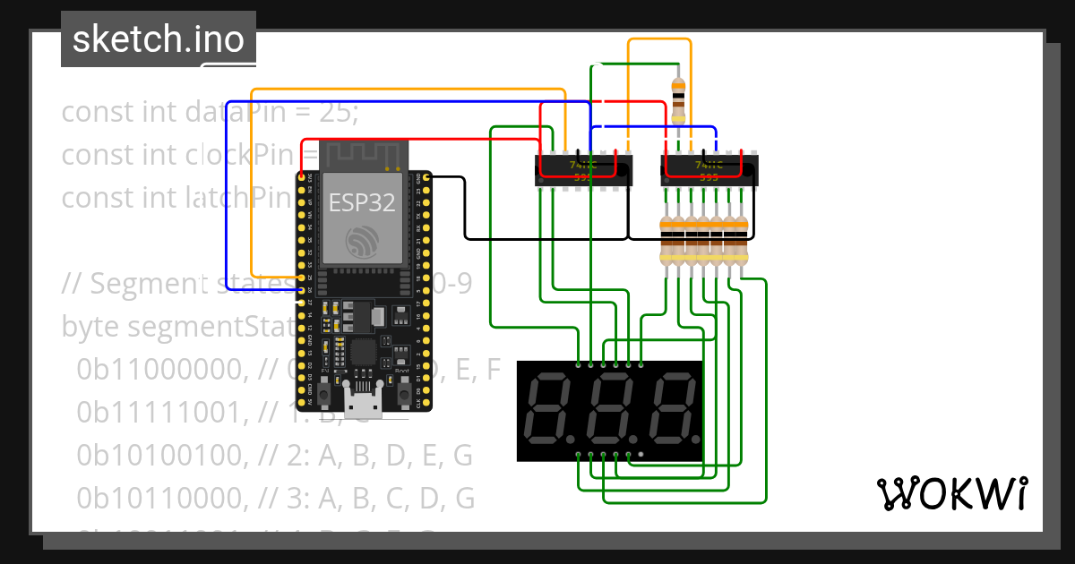 SevSegShift Example - Wokwi ESP32, STM32, Arduino Simulator