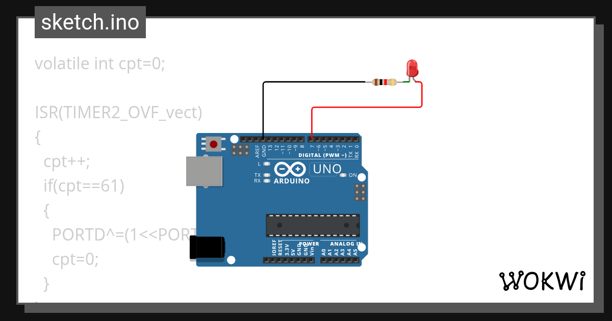 Clignotement de PD7 chaque seconde grâce au TIMER2 - Wokwi ESP32, STM32, Arduino Simulator