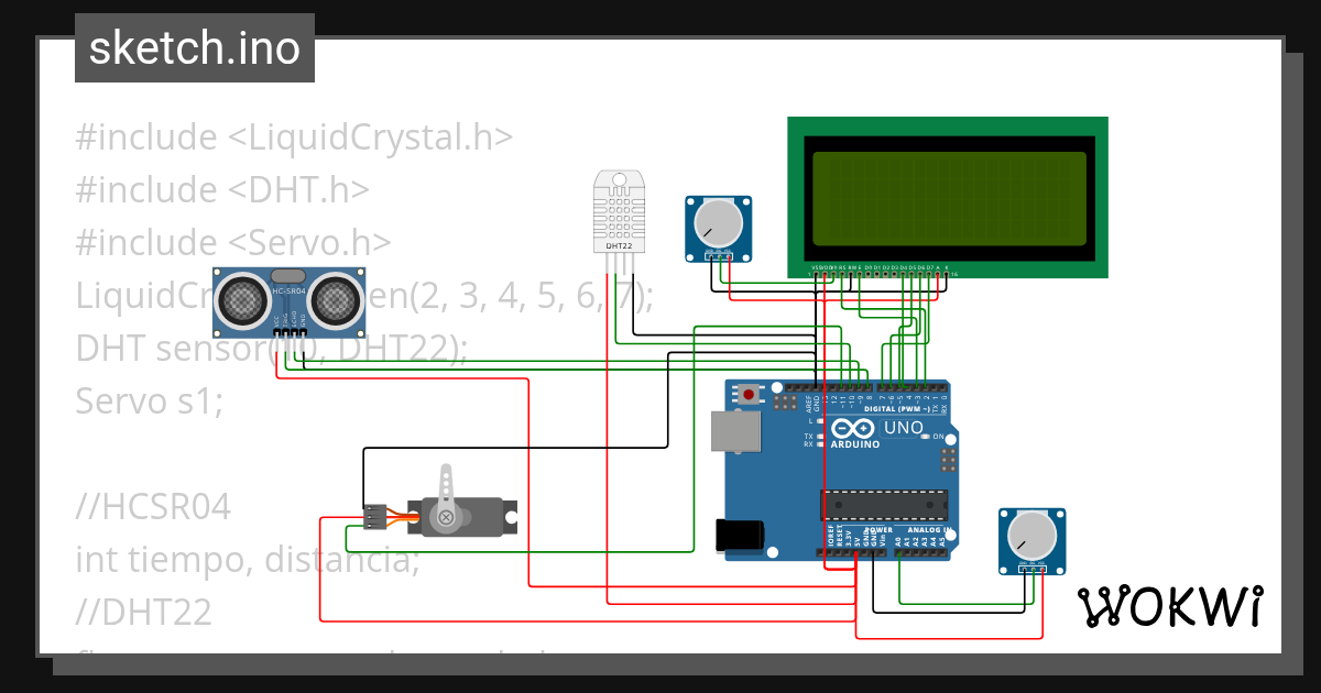 servo dht22 y ultrasonido - Wokwi ESP32, STM32, Arduino Simulator