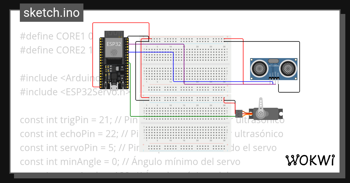 ESP32 con Servo y Sensor Ultrasonico Copy - Wokwi ESP32, STM32, Arduino Simulator
